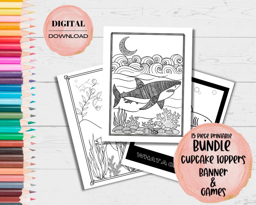 Shark Birthday Party, Shark Prints, Watercolor Shark, Cupcake Toppers ...