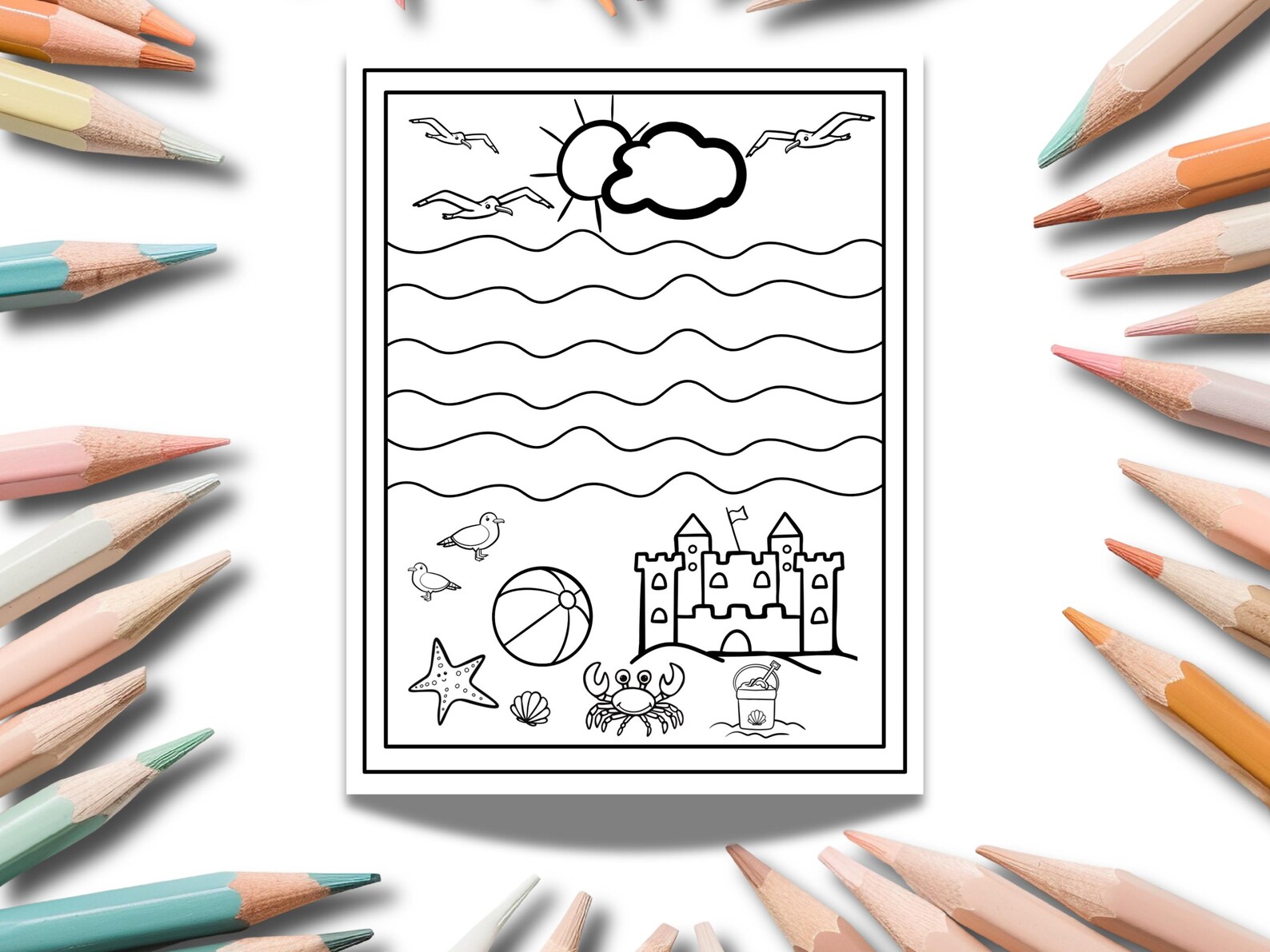 Hand-drawn Printable Day at the Beach Coloring Page - Etsy