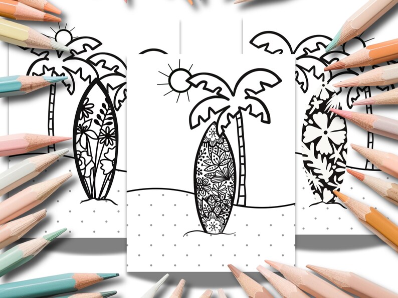 Printable Coloring Page Bundle | the Surf Shack | Surfboards and Palm ...