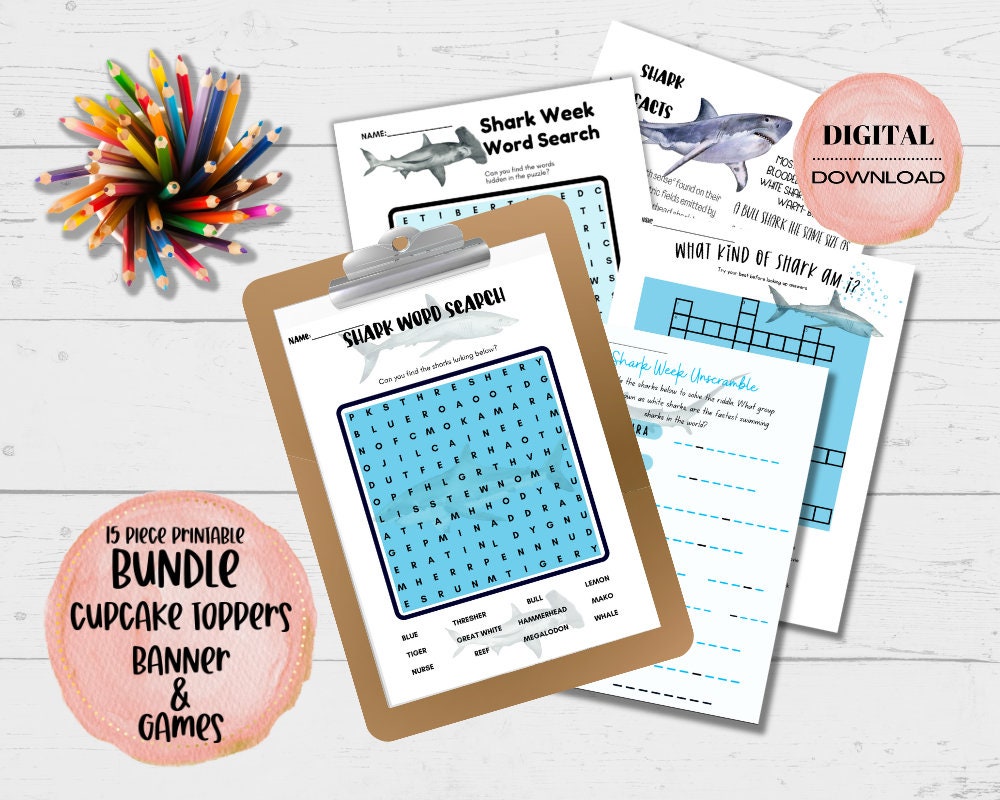 Shark Birthday Party, Shark Prints, Watercolor Shark, Cupcake Toppers ...