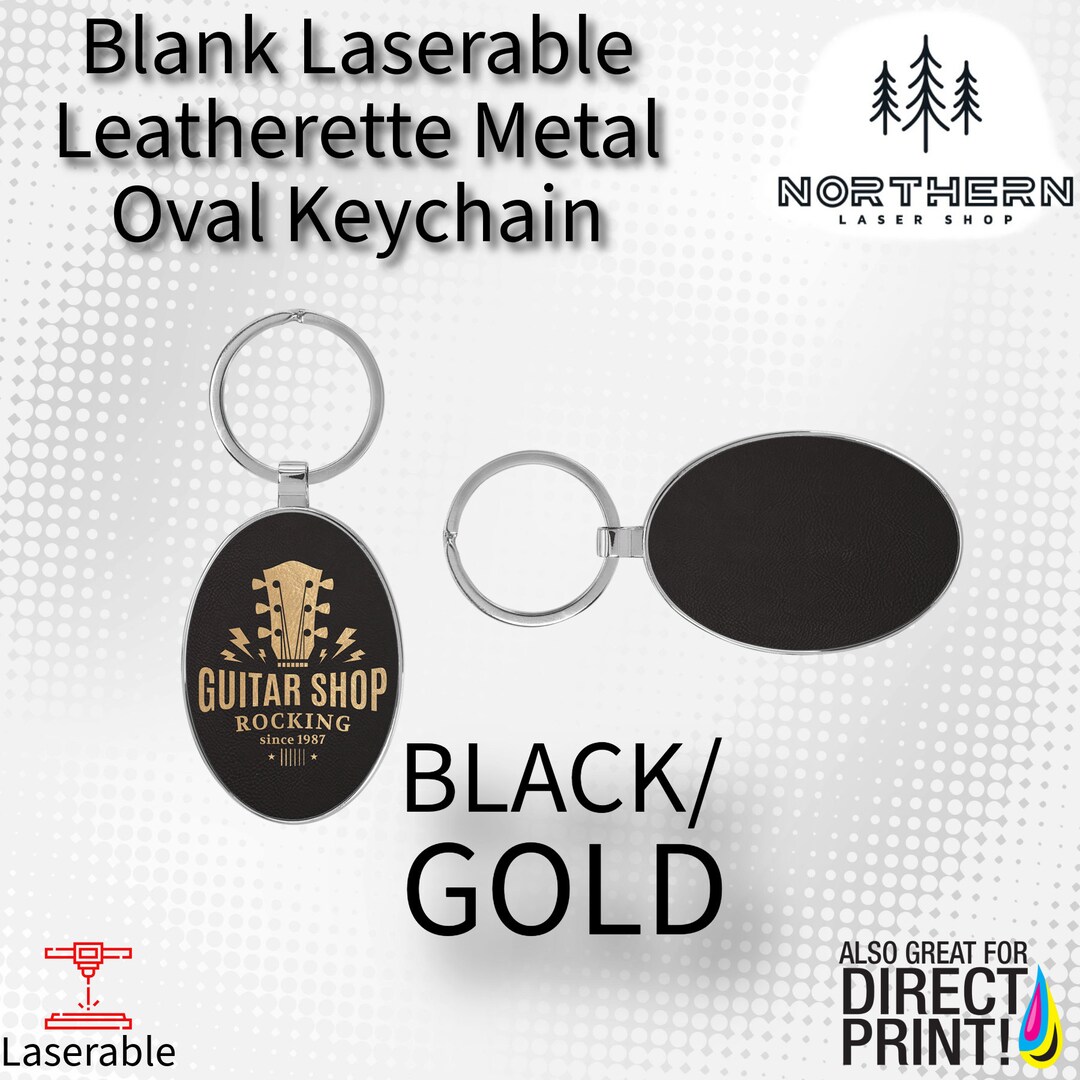 Laserable Black and Gold Oval Keychain: Faux Leatherette & Metal (3" X ...
