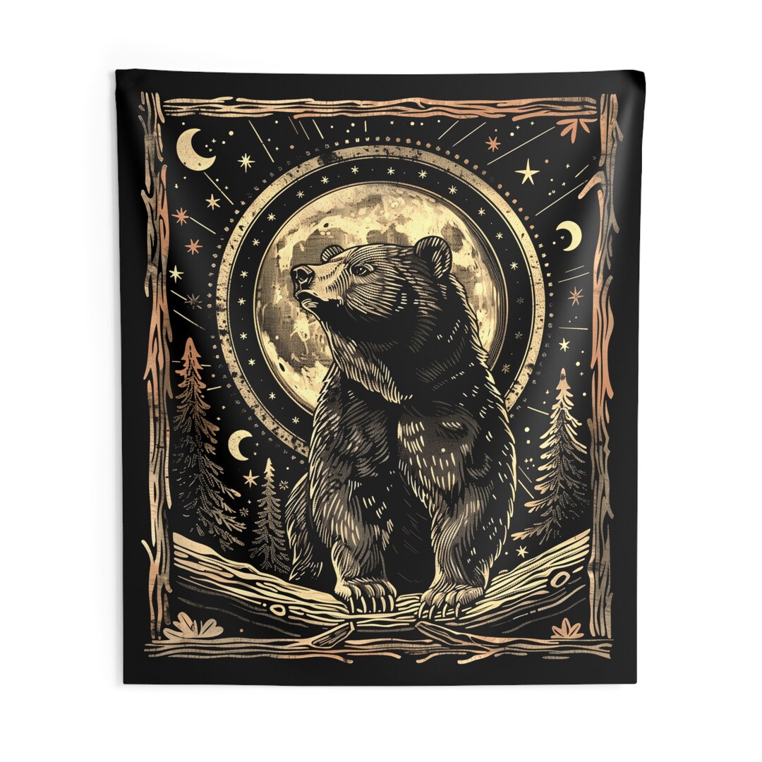 Celestial Moon Bear Wall Tapestry Cottage Core Drawing Design Art Home ...
