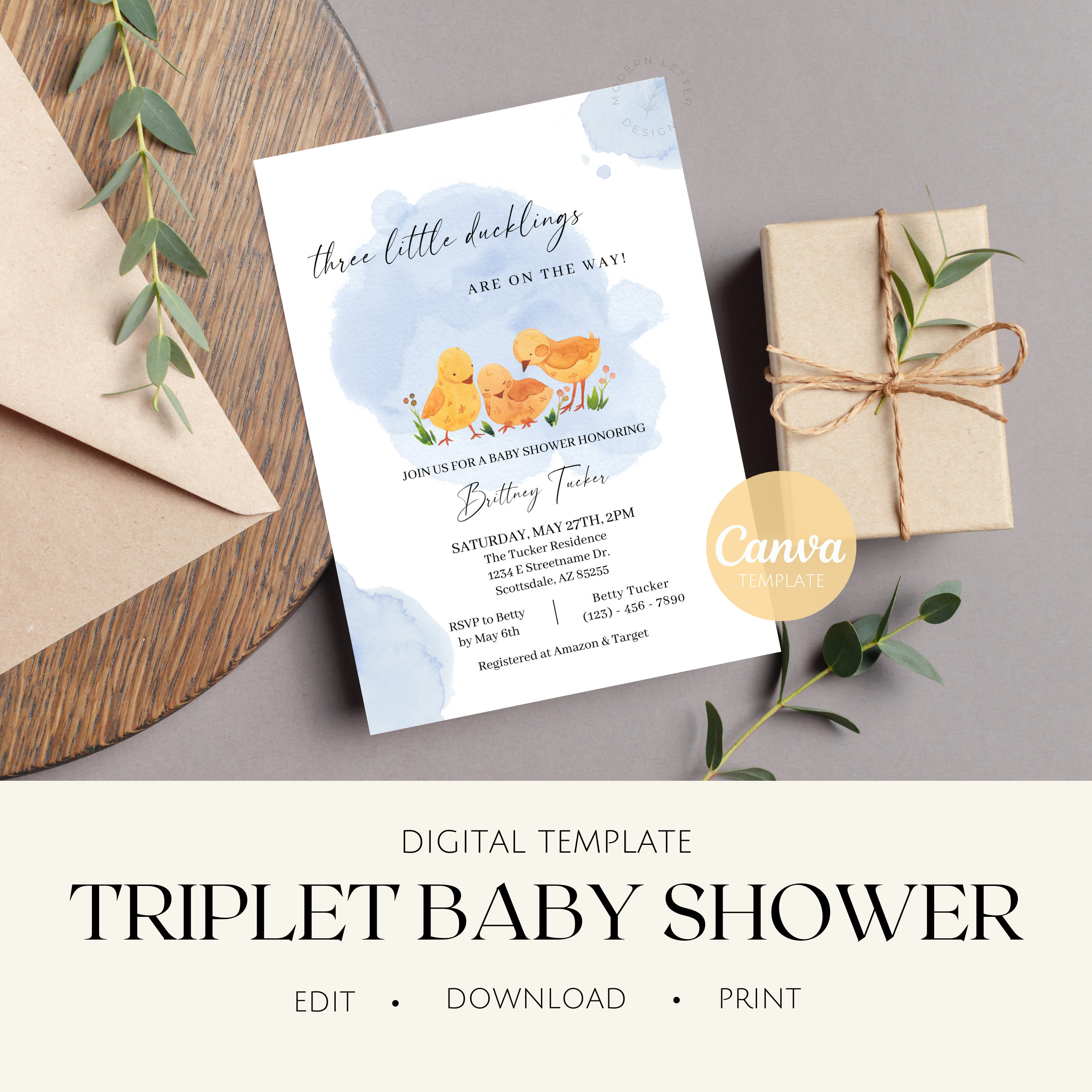 Plantilla de invitación para baby shower de trillizos / Tres patitos ...
