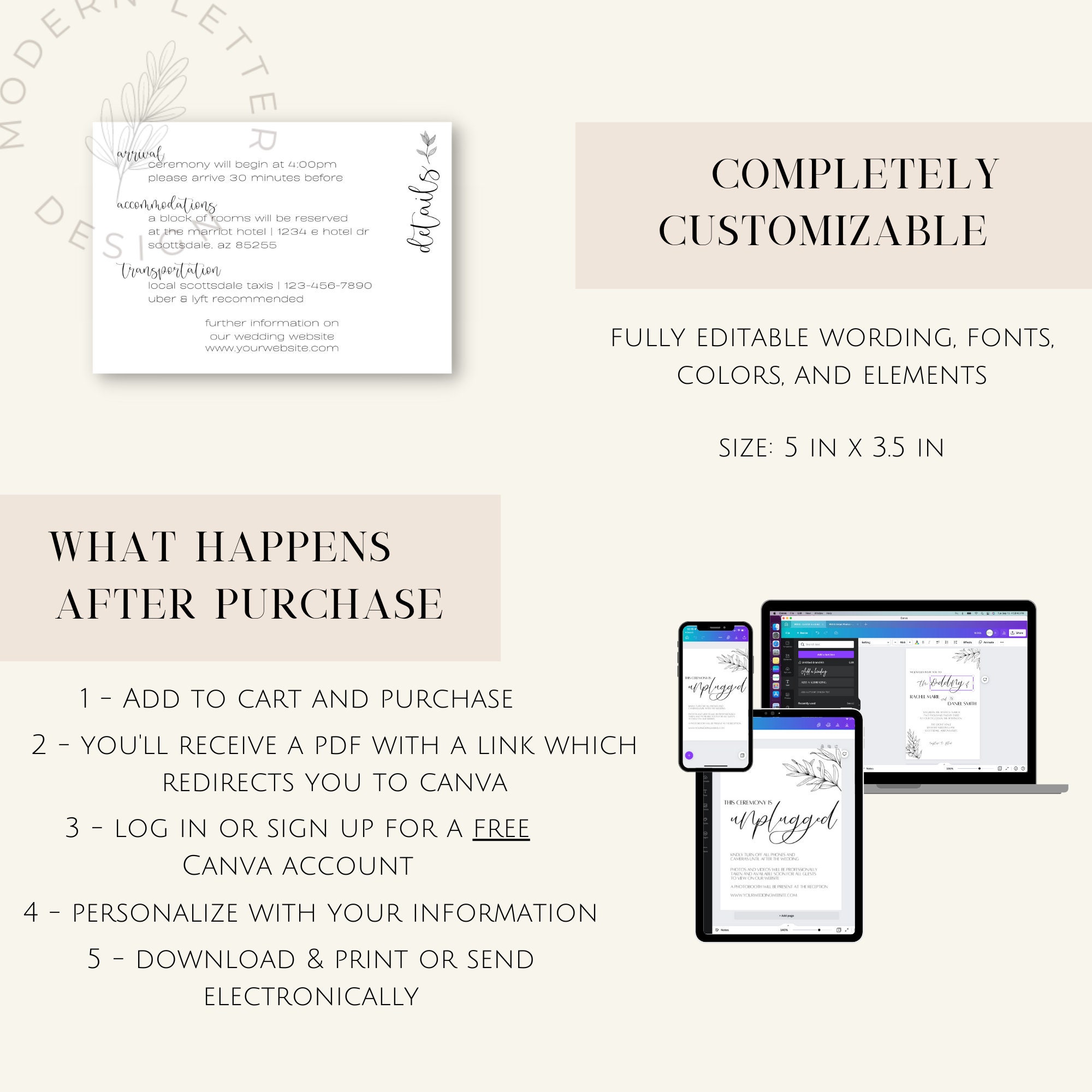 Leaf Wedding Details Template | Simple & Modern | Customizable Digital ...