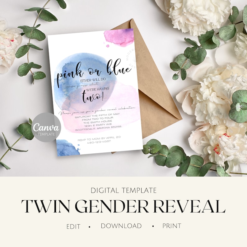 Twin Gender Reveal Invitation Template | Watercolor | Pink or Blue ...