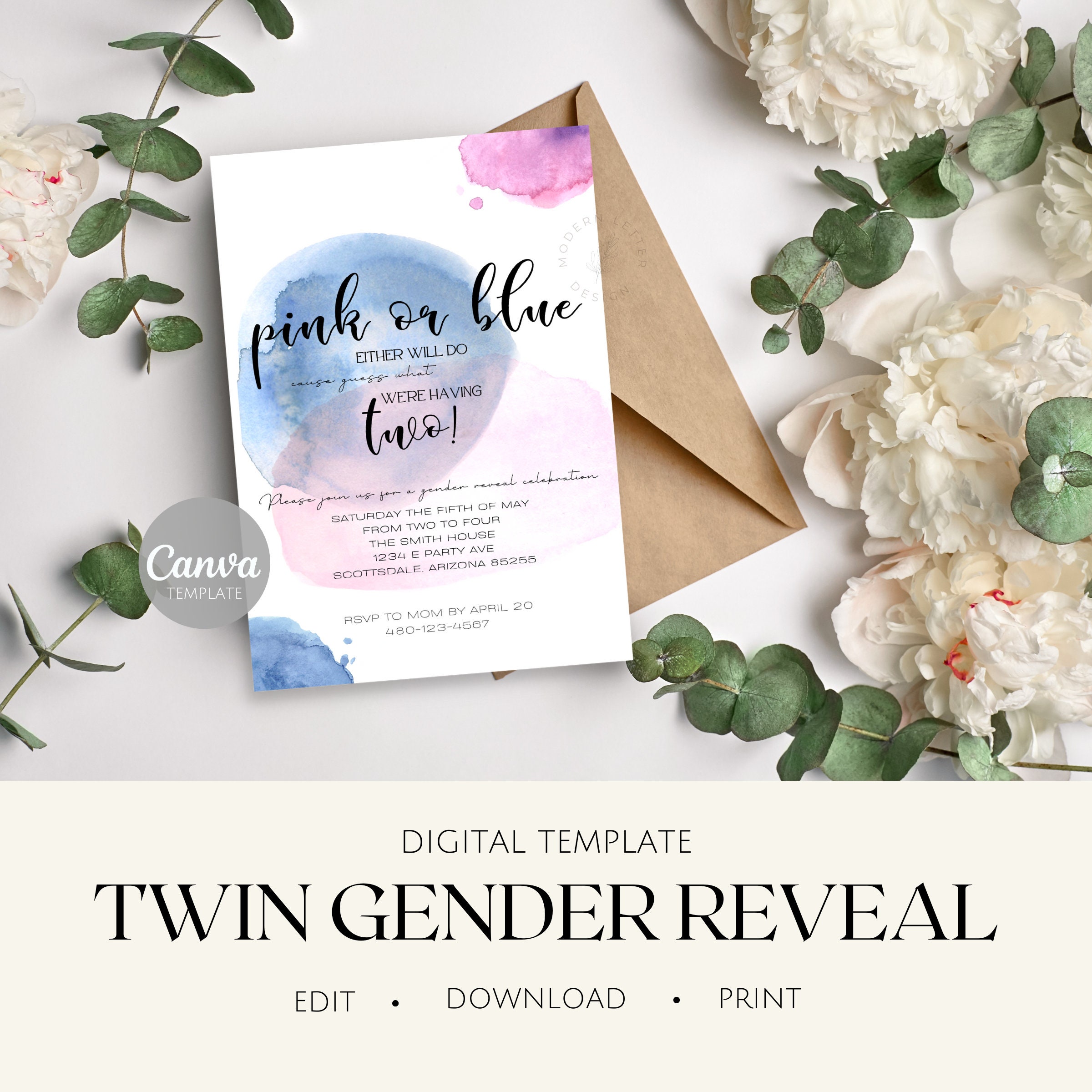 Twin Gender Reveal Invitation Template | Watercolor | Pink or Blue ...