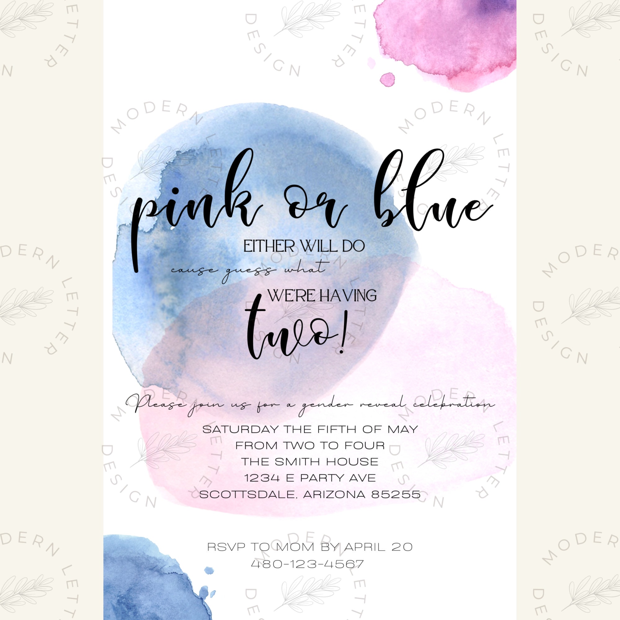 Twin Gender Reveal Invitation Template | Watercolor | Pink or Blue ...
