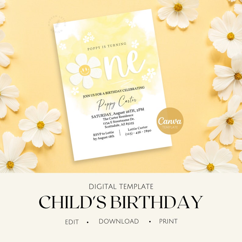 Baby's First Birthday Invitation Template | Turning ONE, Watercolor ...