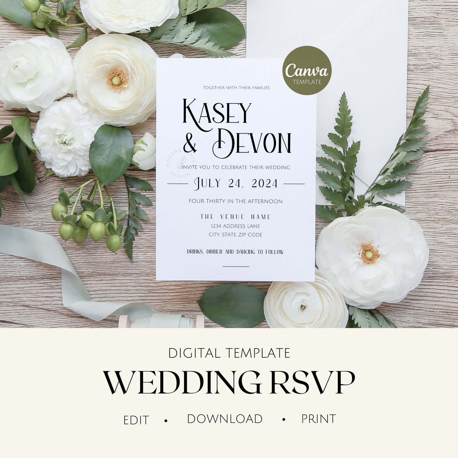 Modern Wedding Invitation | Sleek Ceremony and Reception Invite | Easy ...
