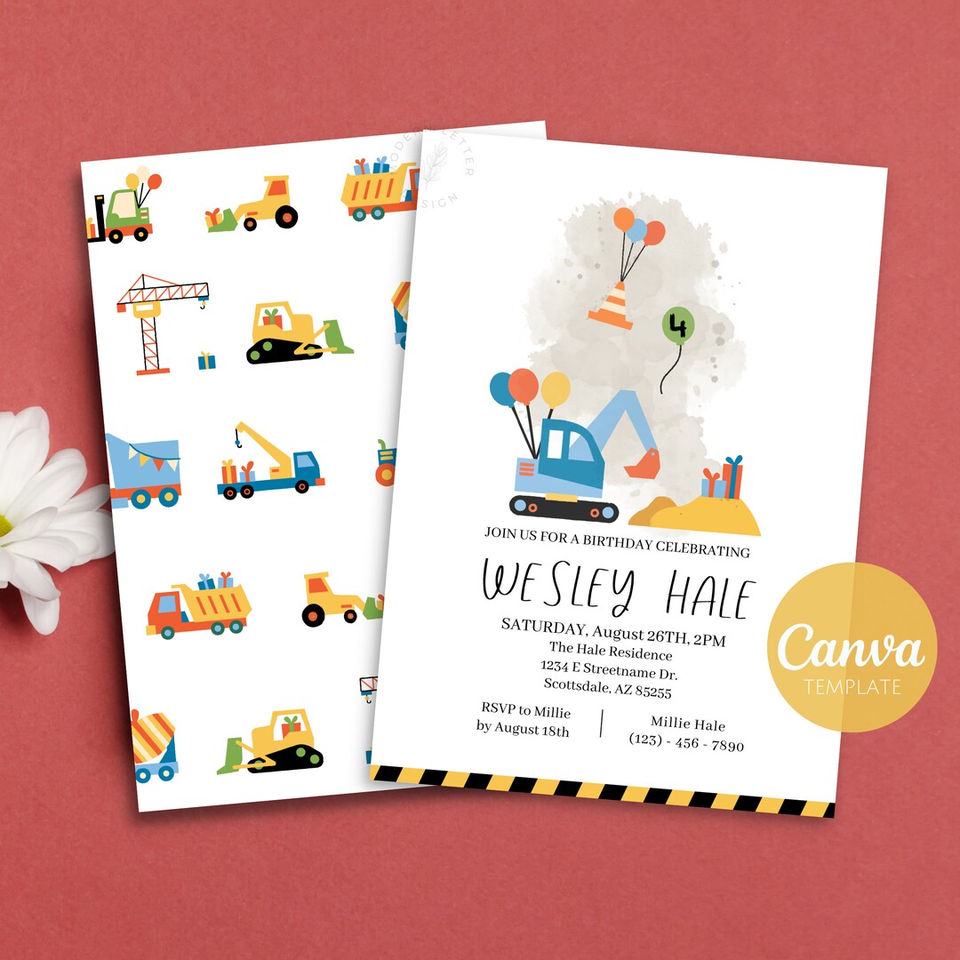 Child's Birthday Invitation Template | Construction Invite | Caution ...