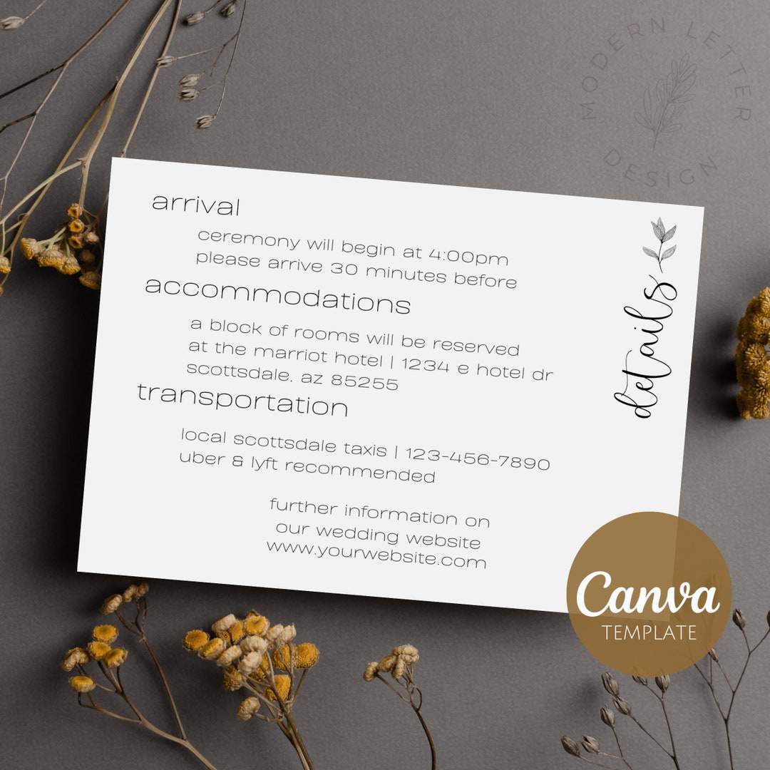 Leaf Wedding Details Template | Simple & Modern | Customizable Digital ...