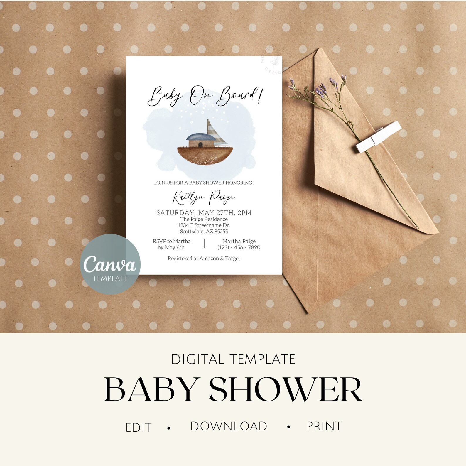 Baby Shower Invitation Template | Baby on Board | Boat Sea Nautical ...