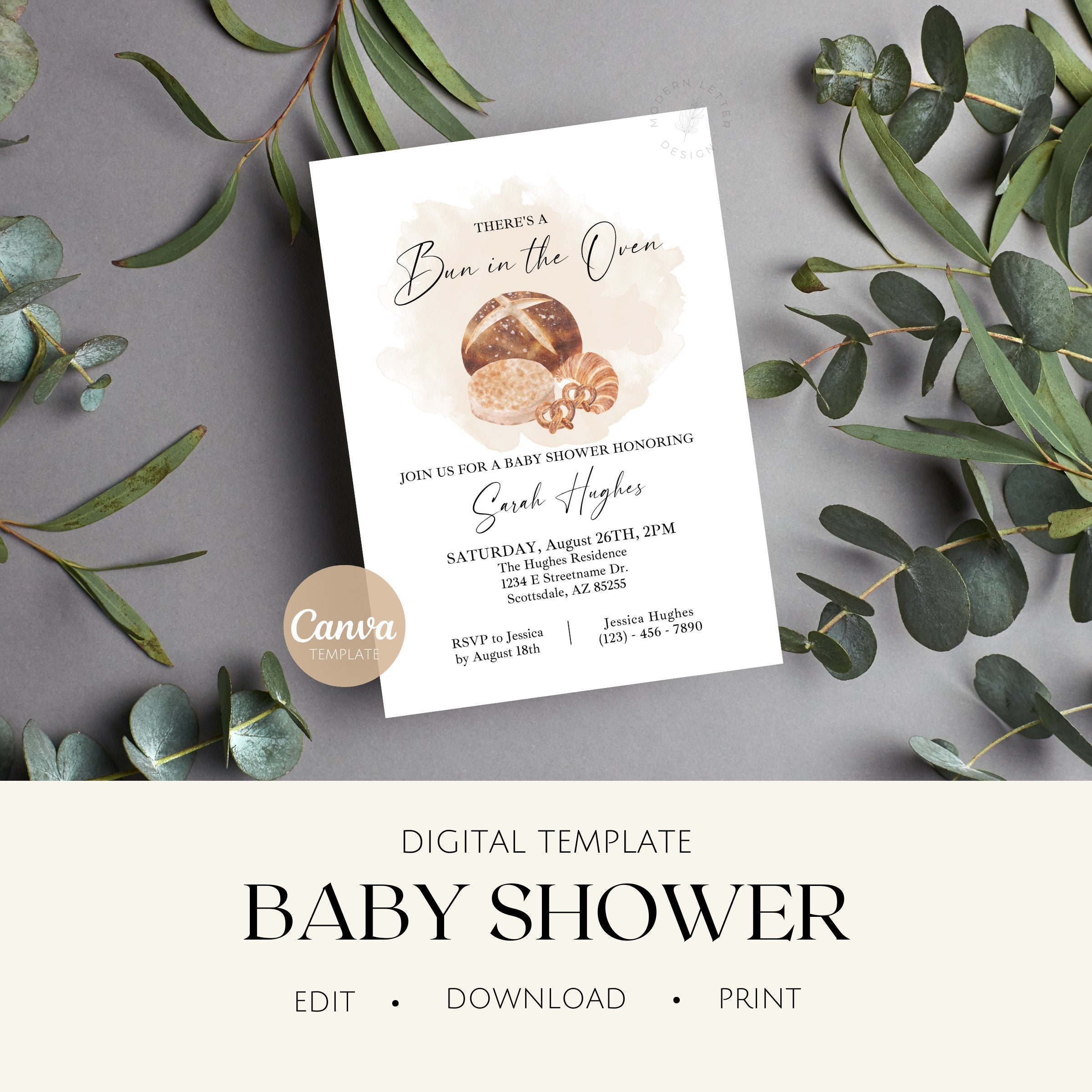 Baby Shower Invitation Template | Bun in the Oven | Bread Food Themed ...