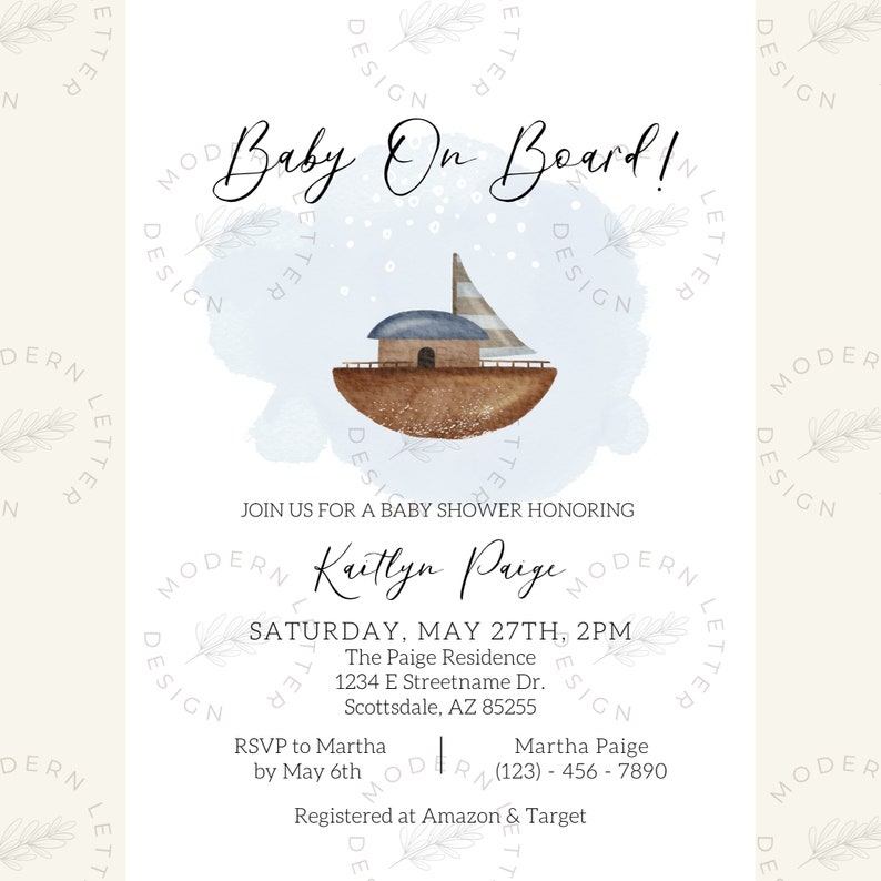 Baby Shower Invitation Template | Baby on Board | Boat Sea Nautical ...