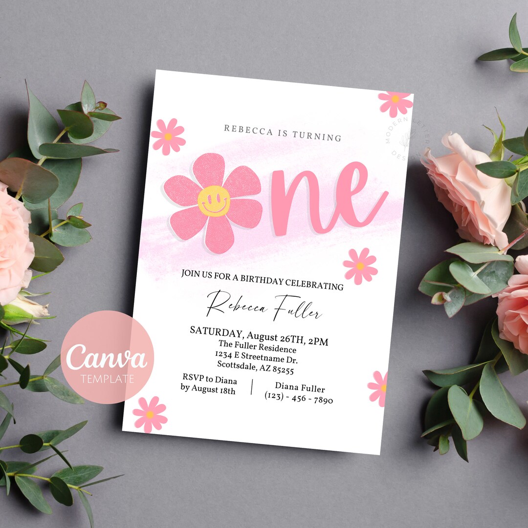 Baby's 1st Birthday Invitation Template | ONE Daisy First Invite | Girl ...