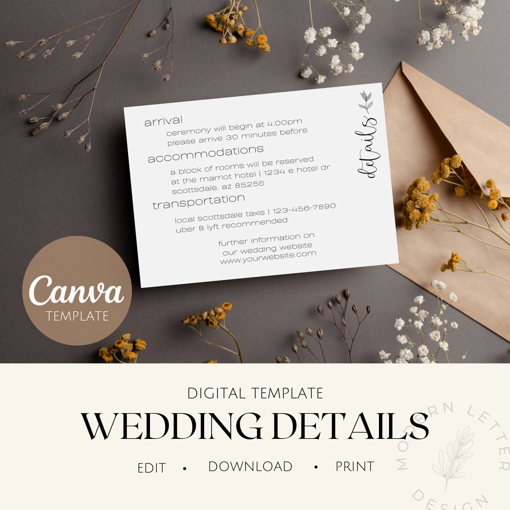 Leaf Wedding Details Template | Simple & Modern | Customizable Digital ...
