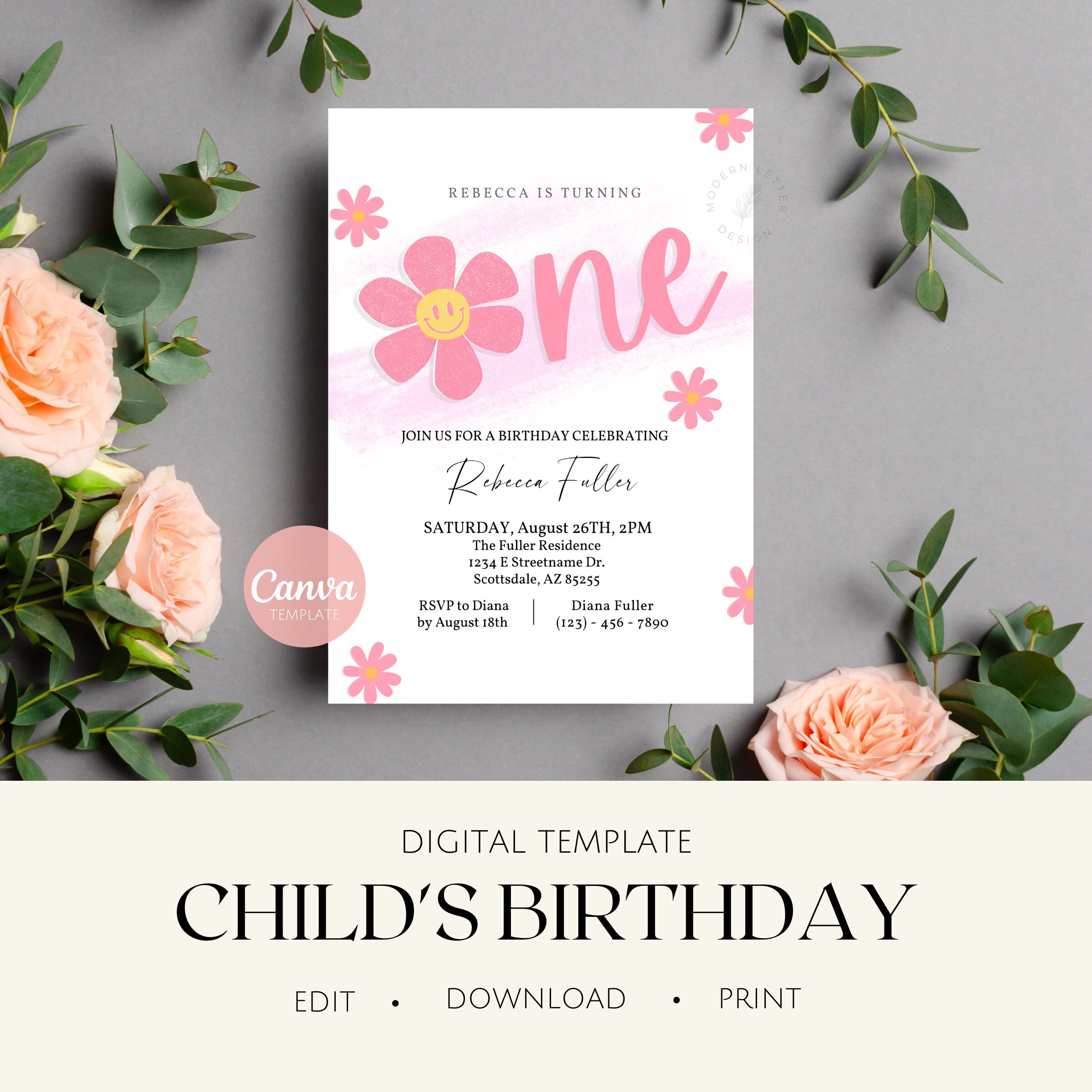 Baby's 1st Birthday Invitation Template | ONE Daisy First Invite | Girl ...