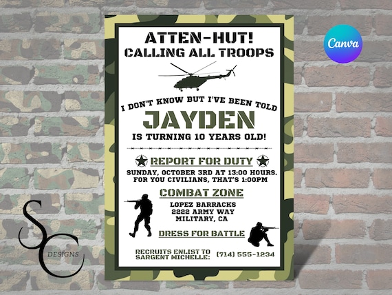 Army Invitation Army Birthday Invitation Army Invitation - Etsy