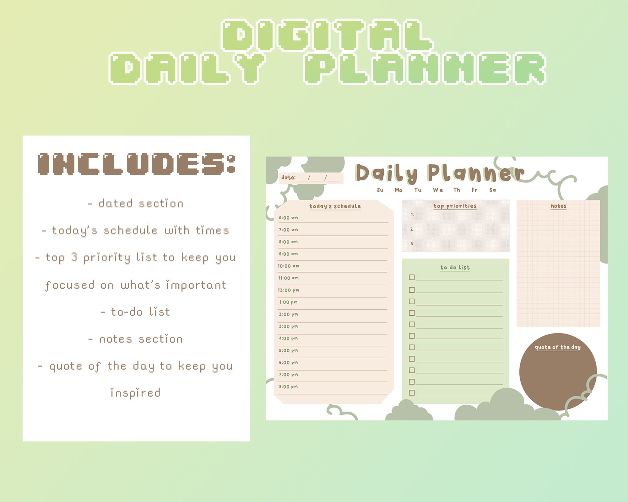 Digital Daily Planner for Goodnotes / Undated Daily Planner / Cute ...