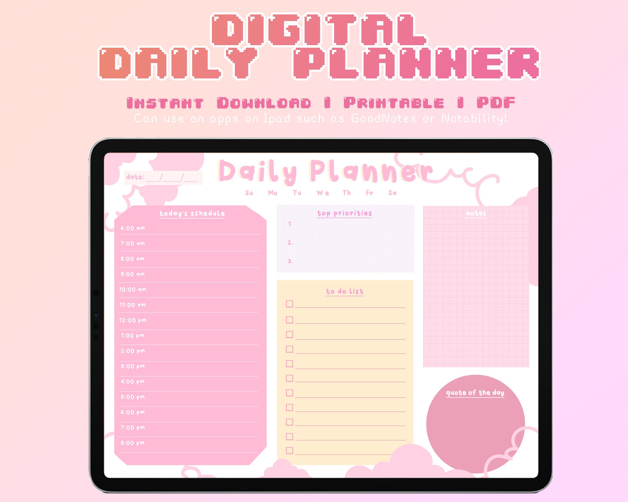 Digital Daily Planner for Goodnotes / Undated Daily Planner / Cute ...