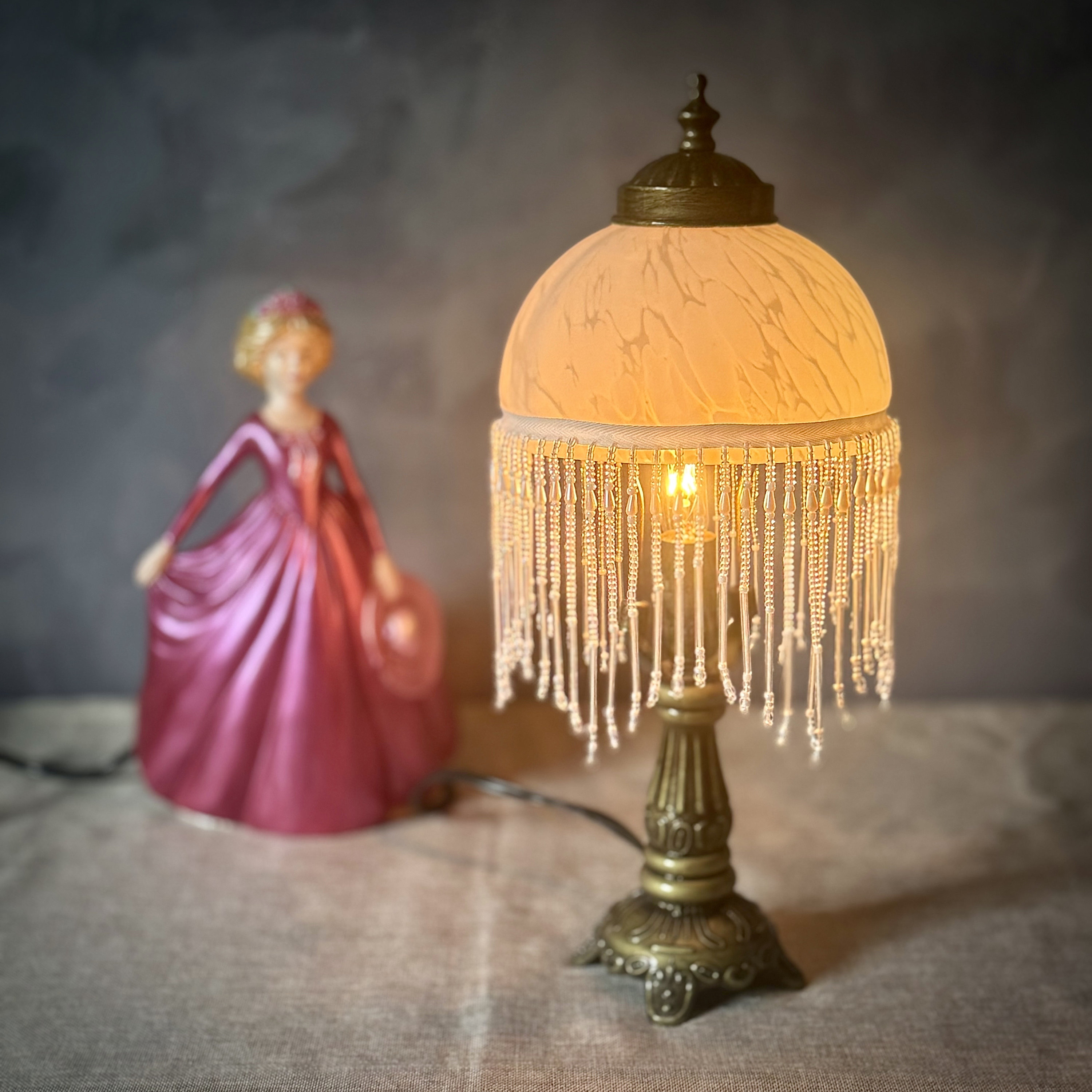 vintage Victorian style glass shade table lamp glass beaded fringe shade metal base accent beaded glass lamp with FREE SHIPPING