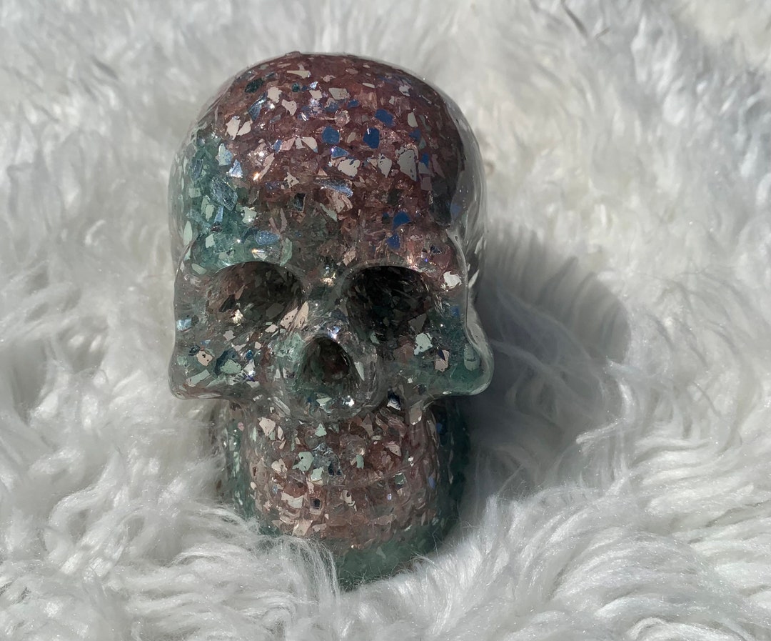 Green and White Glass Resin Skull, Motorcycle Accessory, Paperweight ...