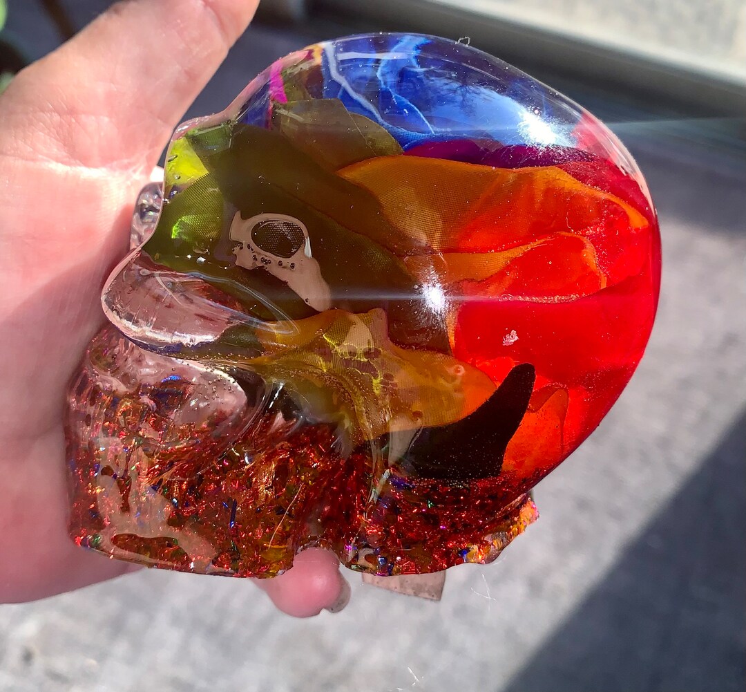 Rainbow Rose Resin Skull, Motorcycle Accessory, Paperweight, Door Stop ...