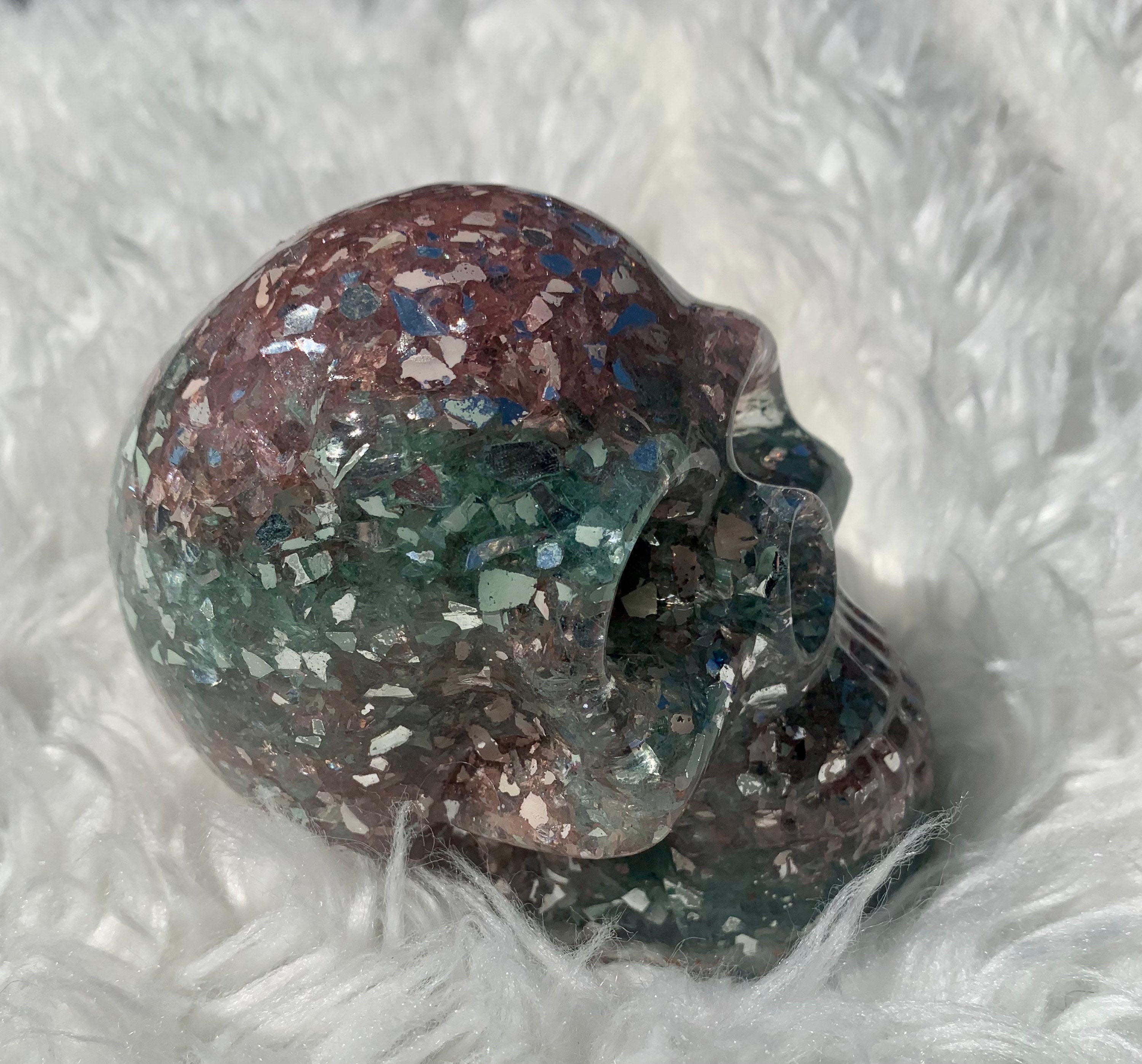 Green and White Glass Resin Skull, Motorcycle Accessory, Paperweight ...