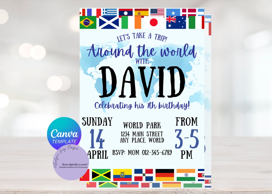 Editable Around the World, Adventurer, World Flags Invitation, Travel ...