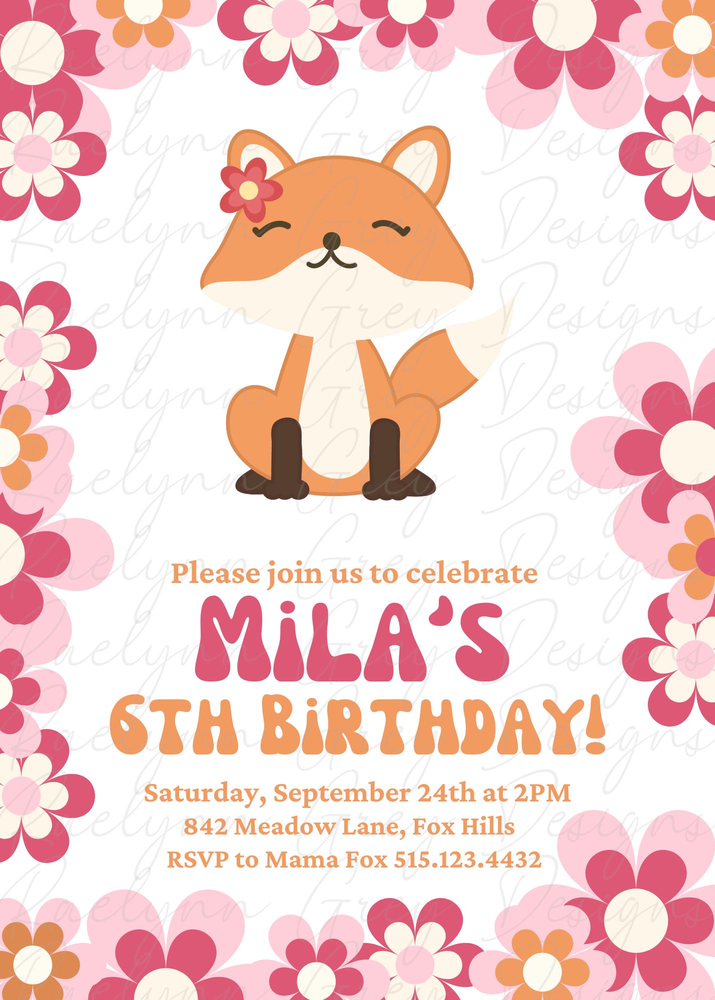 Editable Pink Groovy Fox Party, Groovy Fox Invitation, Pink Flower Fox ...