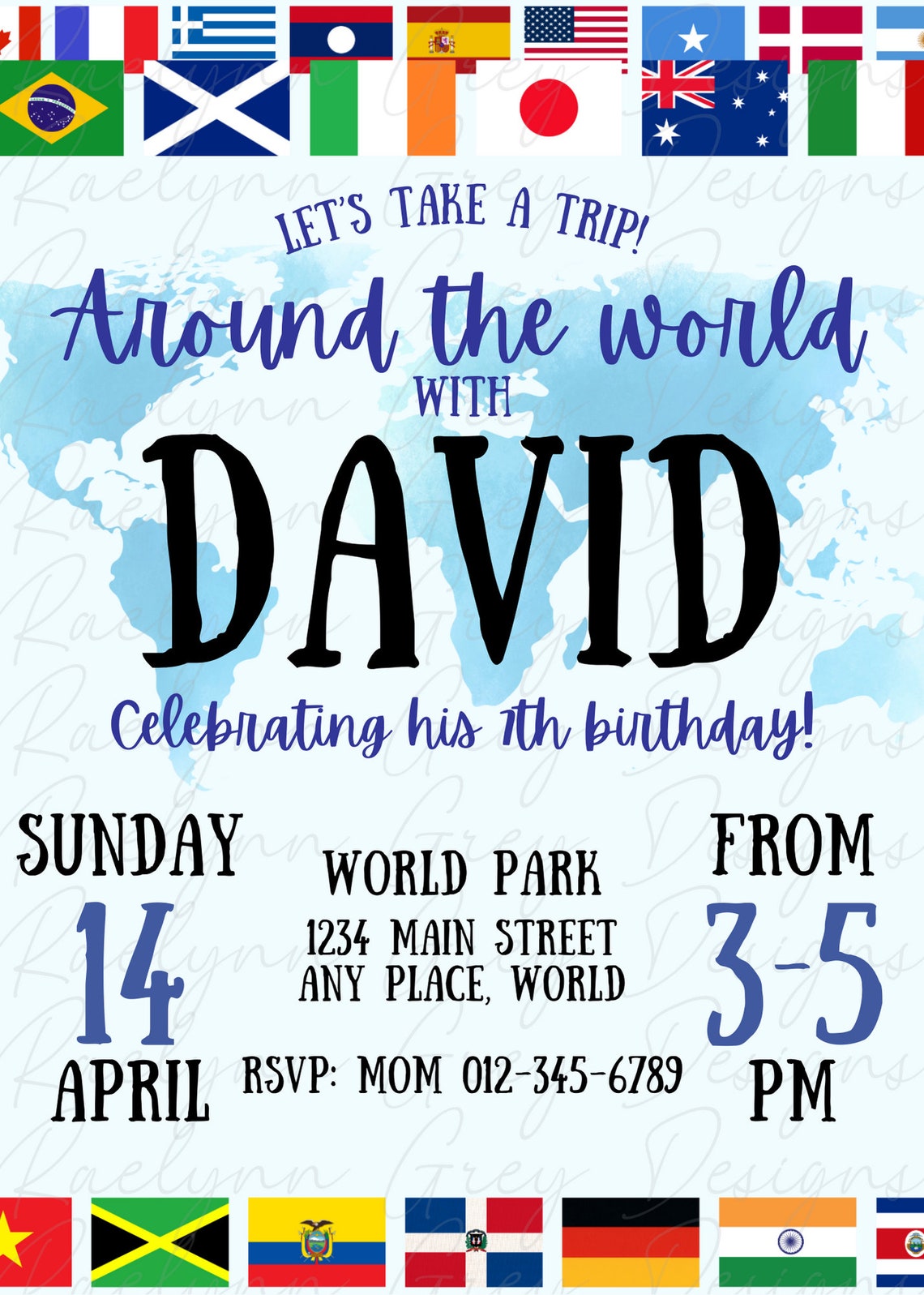 Editable Around the World, Adventurer, World Flags Invitation, Travel ...