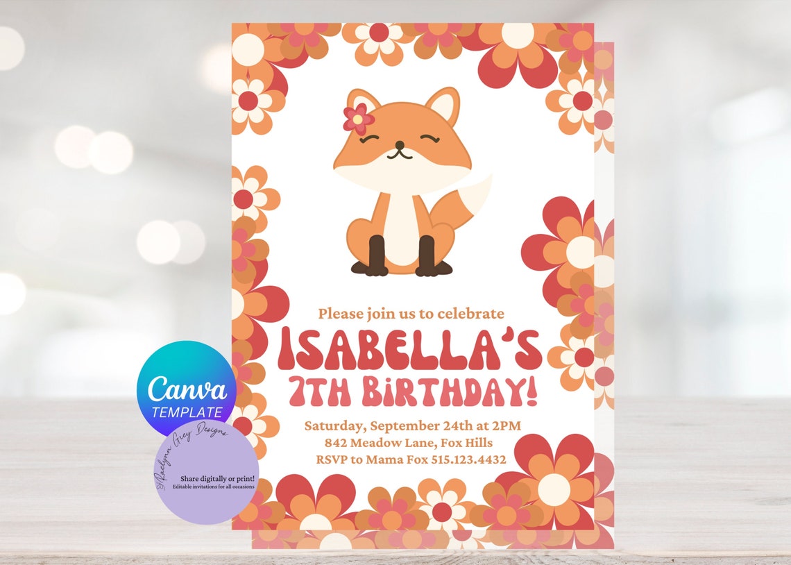 Editable Groovy Fox Birthday Party, Fox Invitation, Groovy Fox Birthday ...