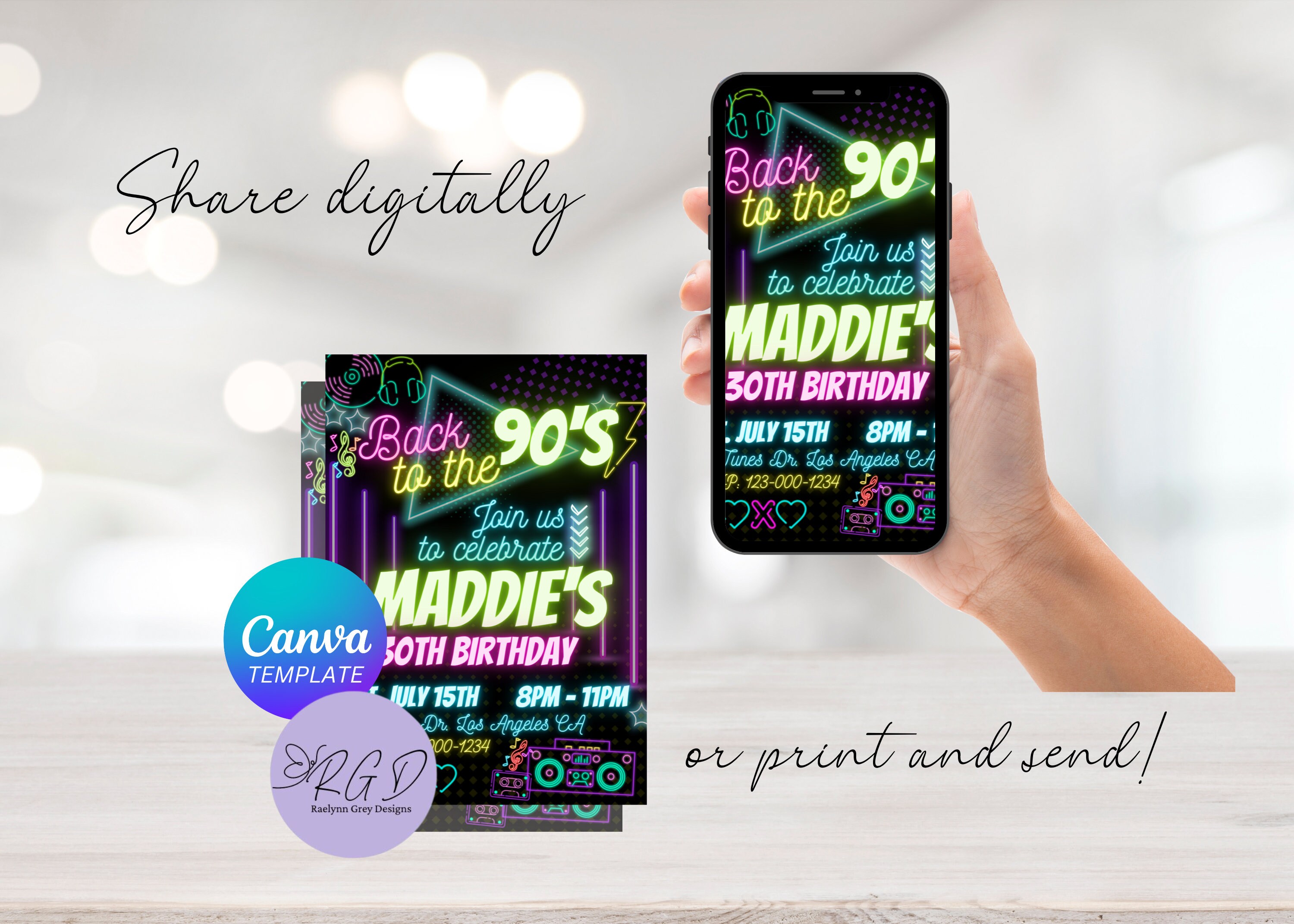 Editable 90s Neon Party, 90s Birthday Invitation, 90s Party,colorful ...