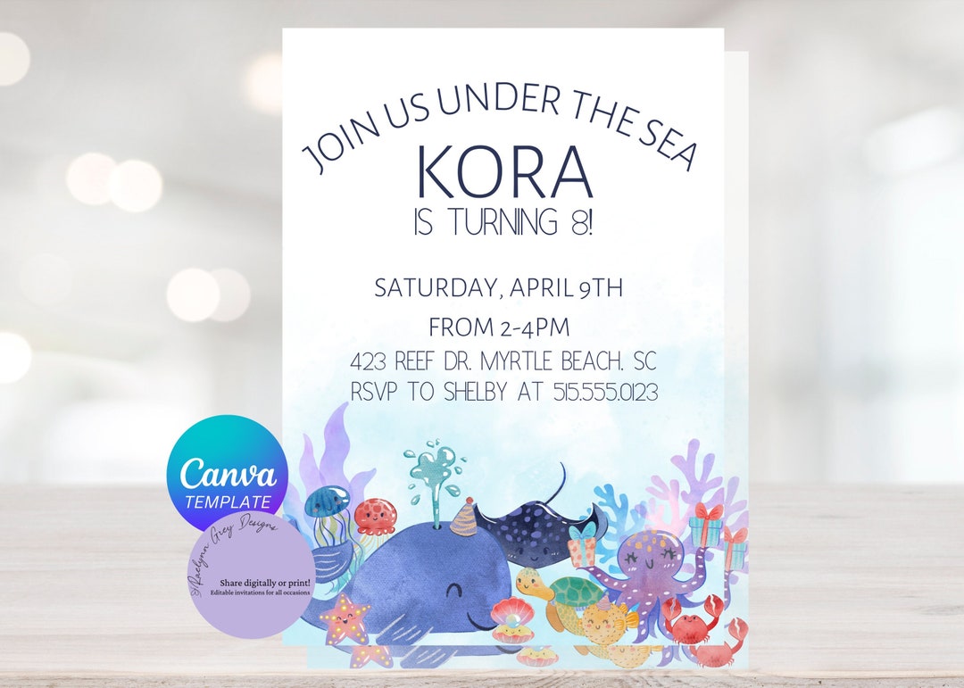 Editable Under the Sea Party, Sea Animal Invitation, Colorful Ocean ...