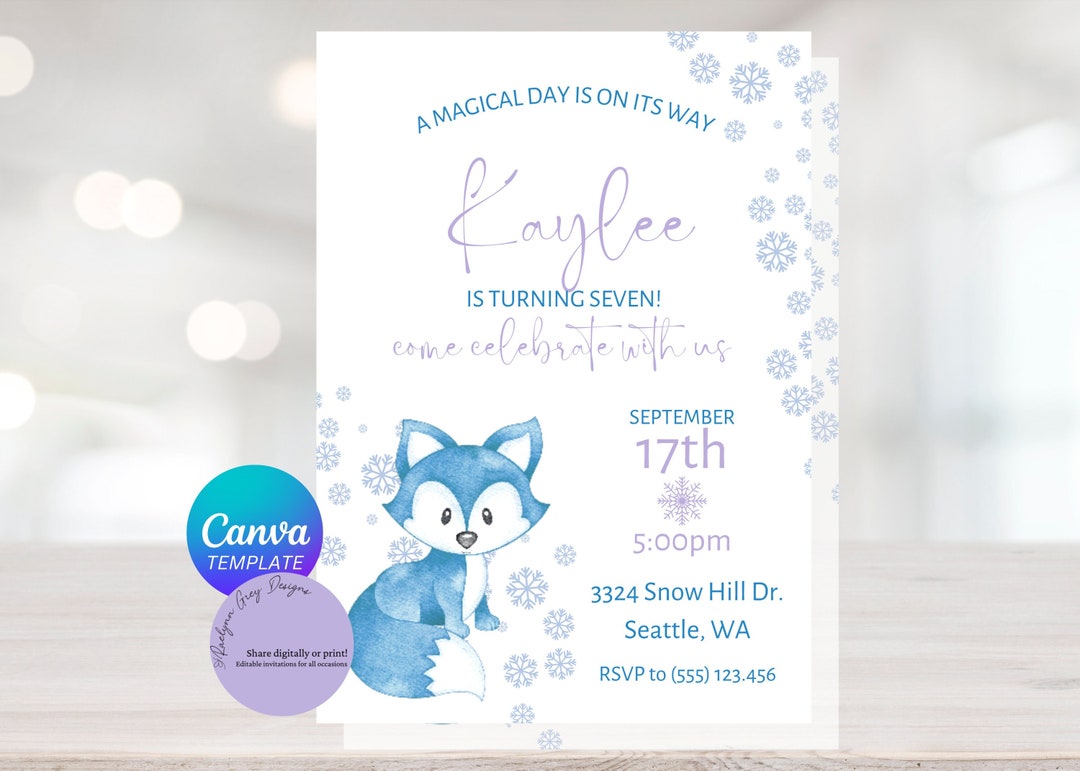 Editable Snow Fox, Artic Fox Invitation, Winter Fox Party Invitation ...