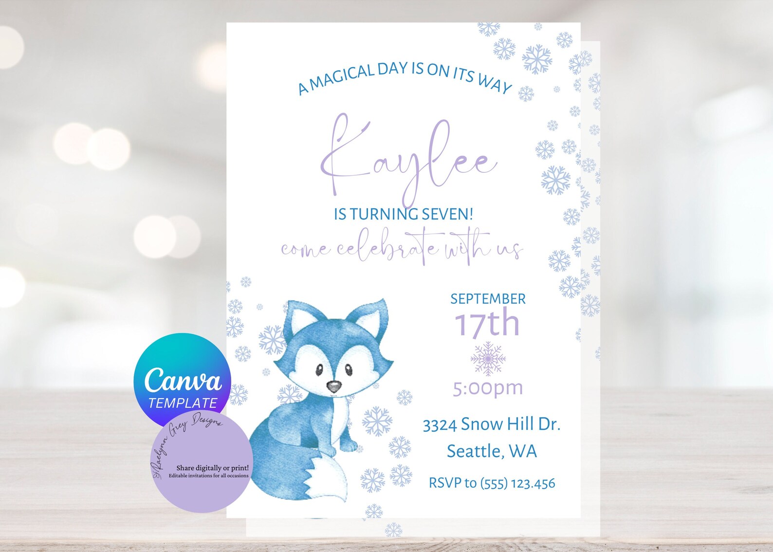 Editable Snow Fox, Artic Fox Invitation, Winter Fox Party Invitation ...