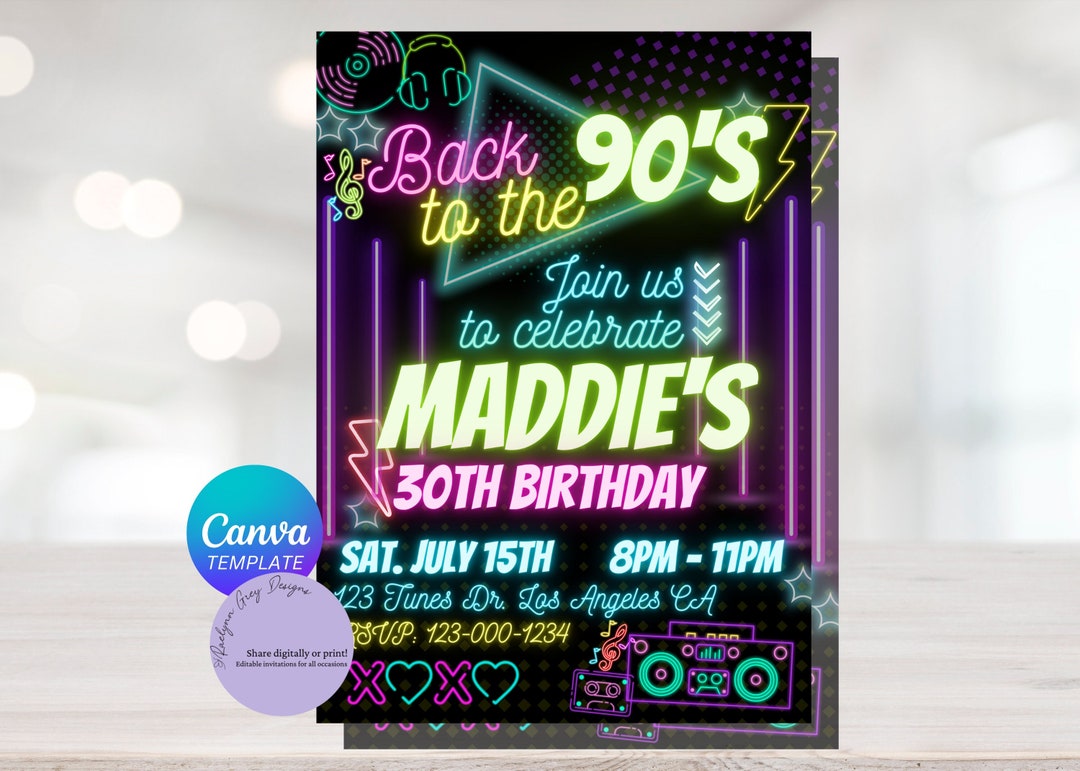 Editable 90s Neon Party, 90s Birthday Invitation, 90s Party,colorful ...