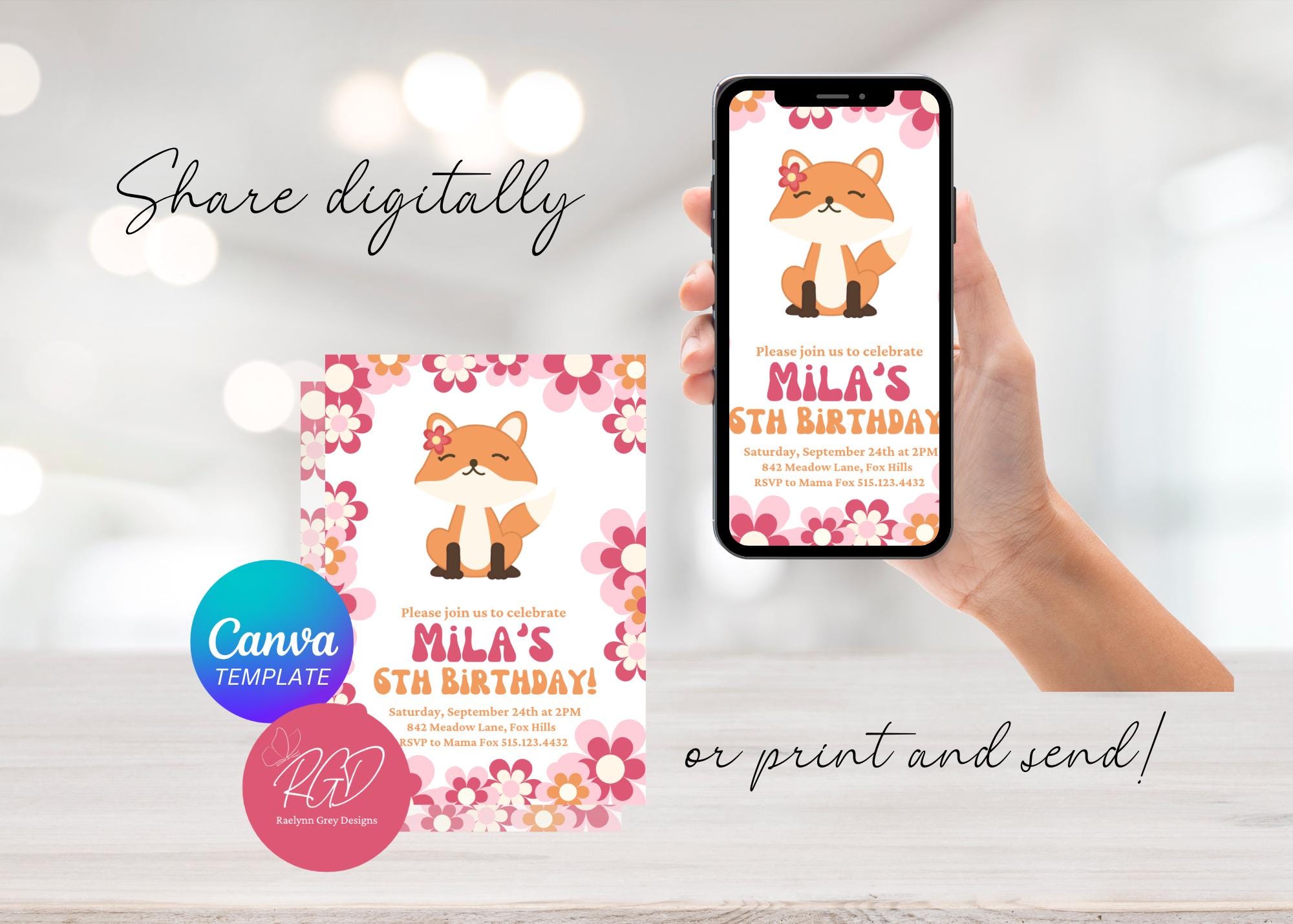 Editable Pink Groovy Fox Party, Groovy Fox Invitation, Pink Flower Fox ...