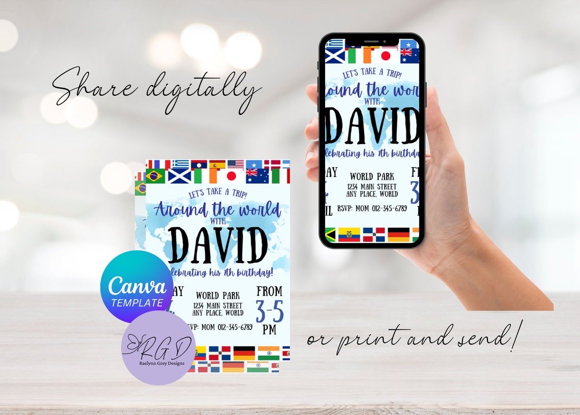 Editable Around the World, Adventurer, World Flags Invitation, Travel ...