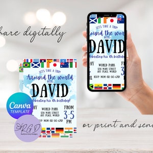 Editable Around the World, Adventurer, World Flags Invitation, Travel ...