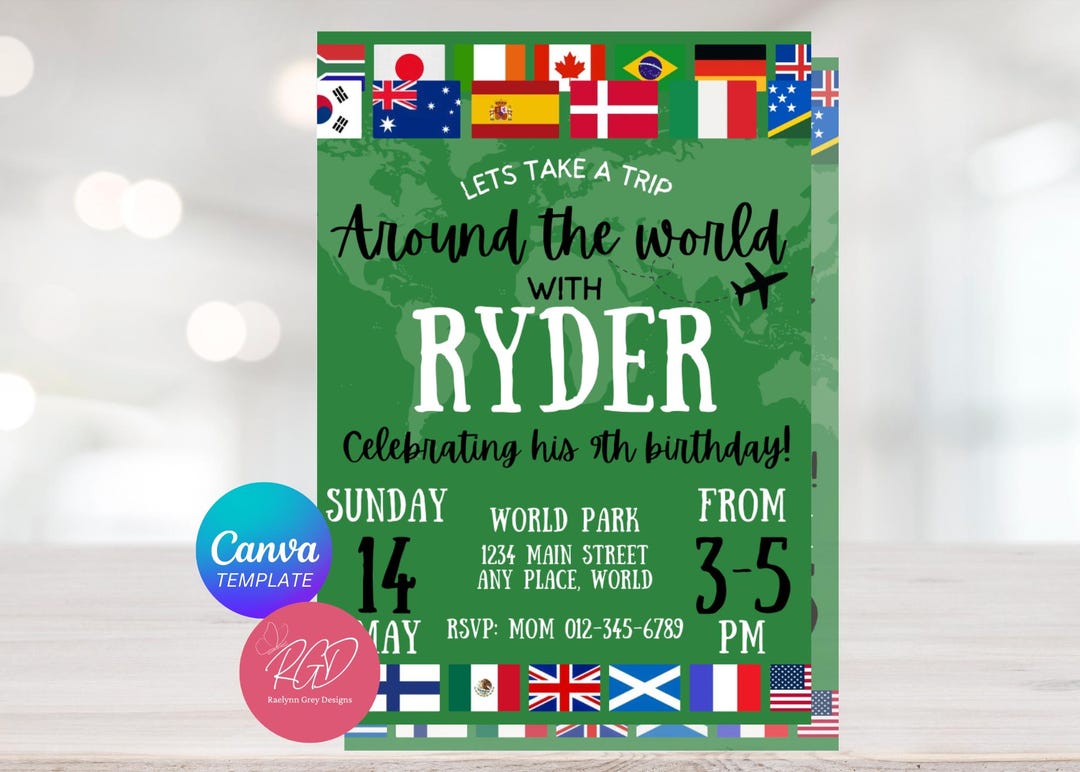 Editable Around the World, Adventurer, World Flags Invitation, Travel ...