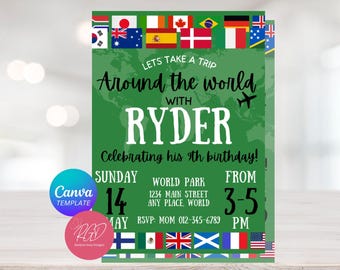 Editable Around the World, Adventurer, World Flags Invitation, Travel ...