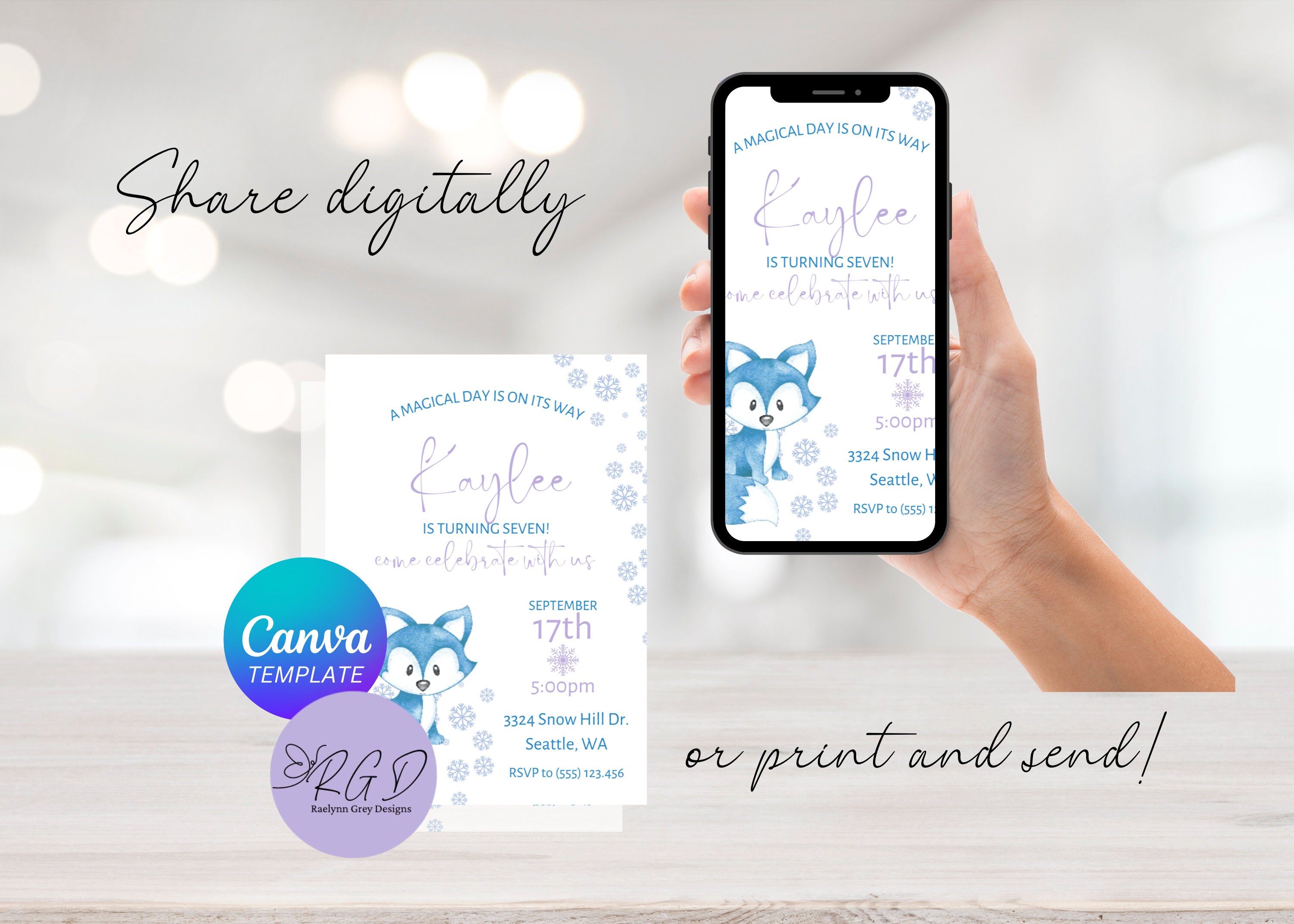 Editable Snow Fox, Artic Fox Invitation, Winter Fox Party Invitation ...