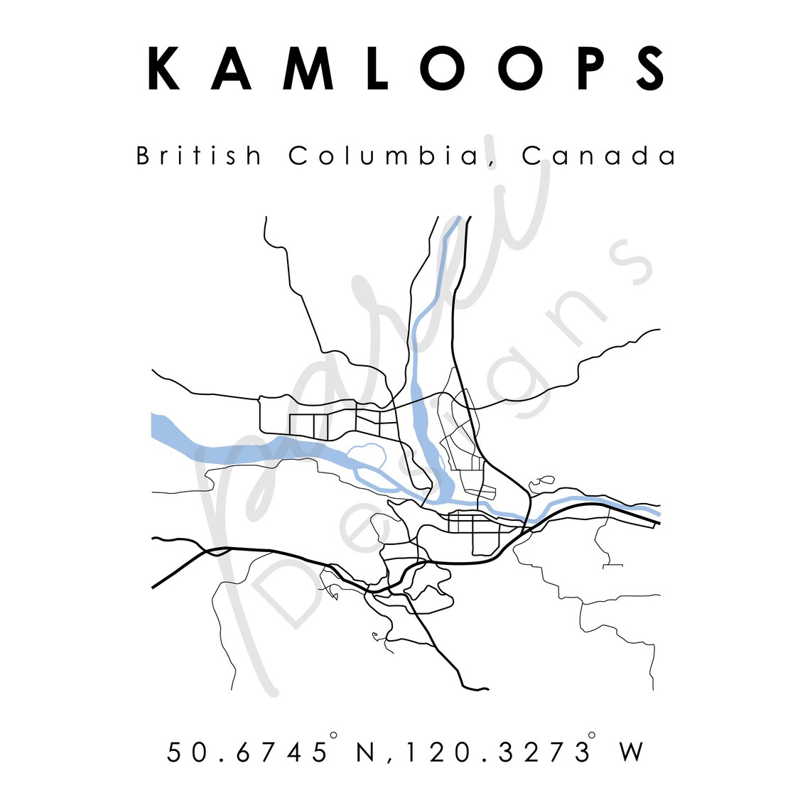 Kamloops BC Map | Kamloops British Columbia Digital Map | Minimalistic ...