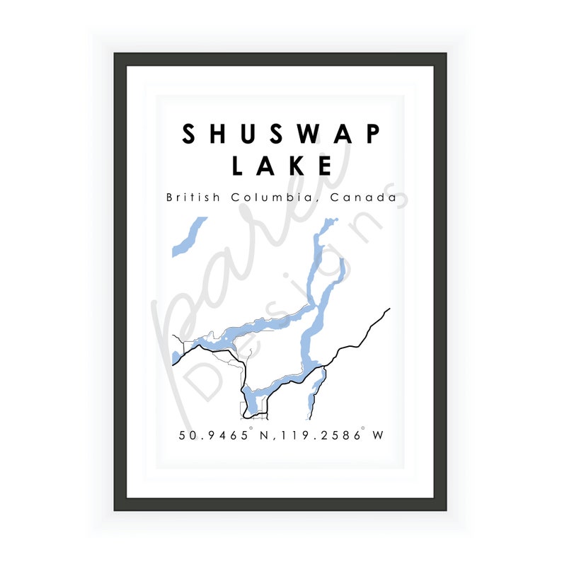 Shuswap Lake BC Map | Shuswap Lake Digital Map | Minimalistic Digital ...