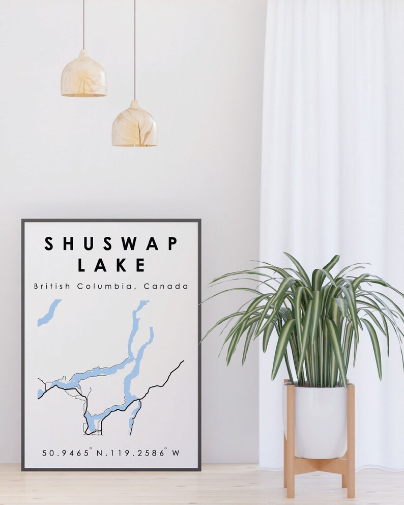 Shuswap Lake BC Map | Shuswap Lake Digital Map | Minimalistic Digital ...