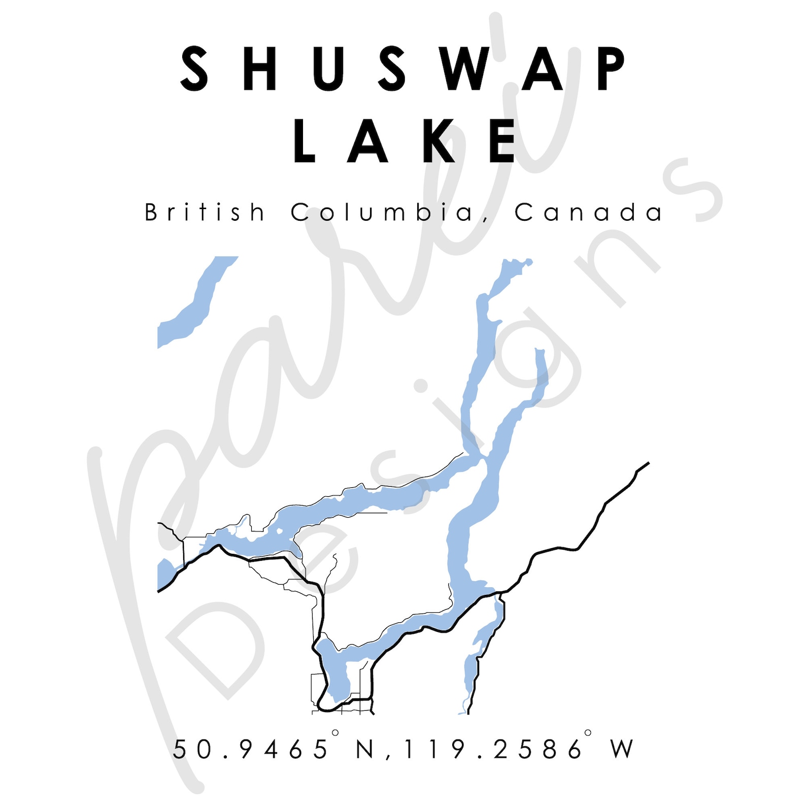 Shuswap Lake BC Map | Shuswap Lake Digital Map | Minimalistic Digital ...
