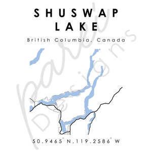 Shuswap Lake BC Map | Shuswap Lake Digital Map | Minimalistic Digital ...