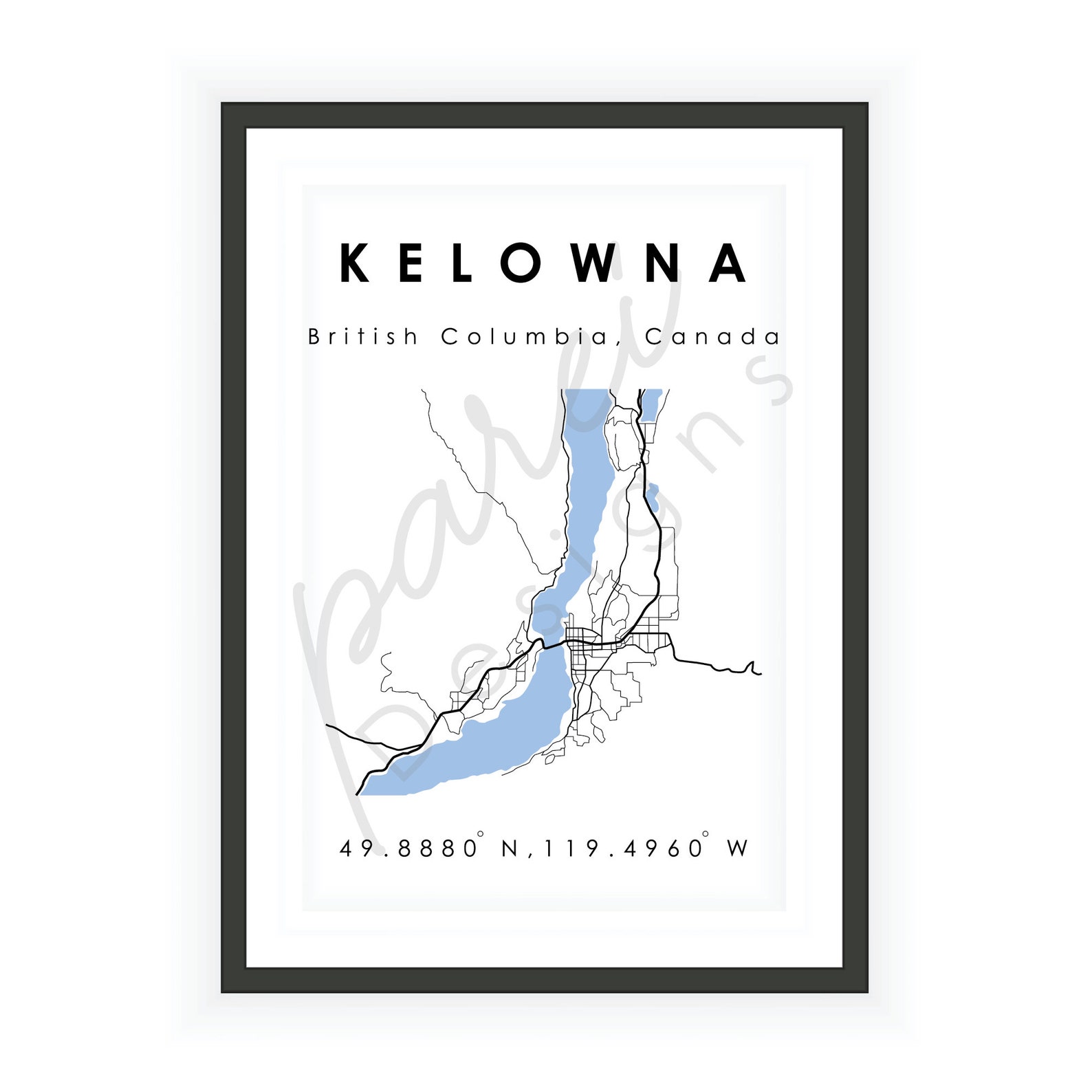 Kelowna BC Map | Kelowna British Columbia Digital Map | Minimalistic ...