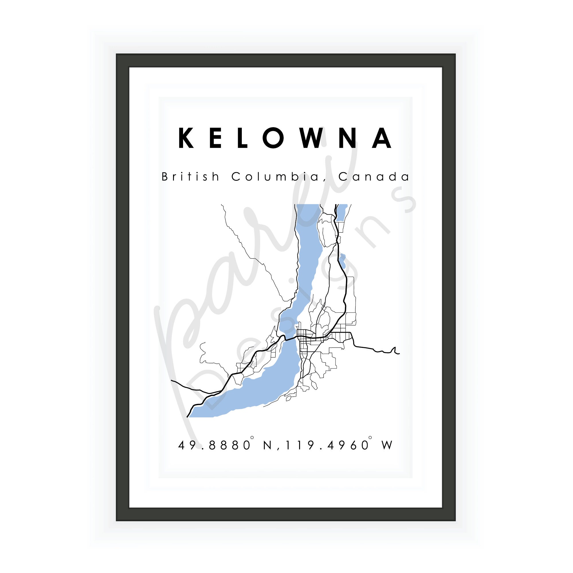 Kelowna BC Map | Kelowna British Columbia Digital Map | Minimalistic ...